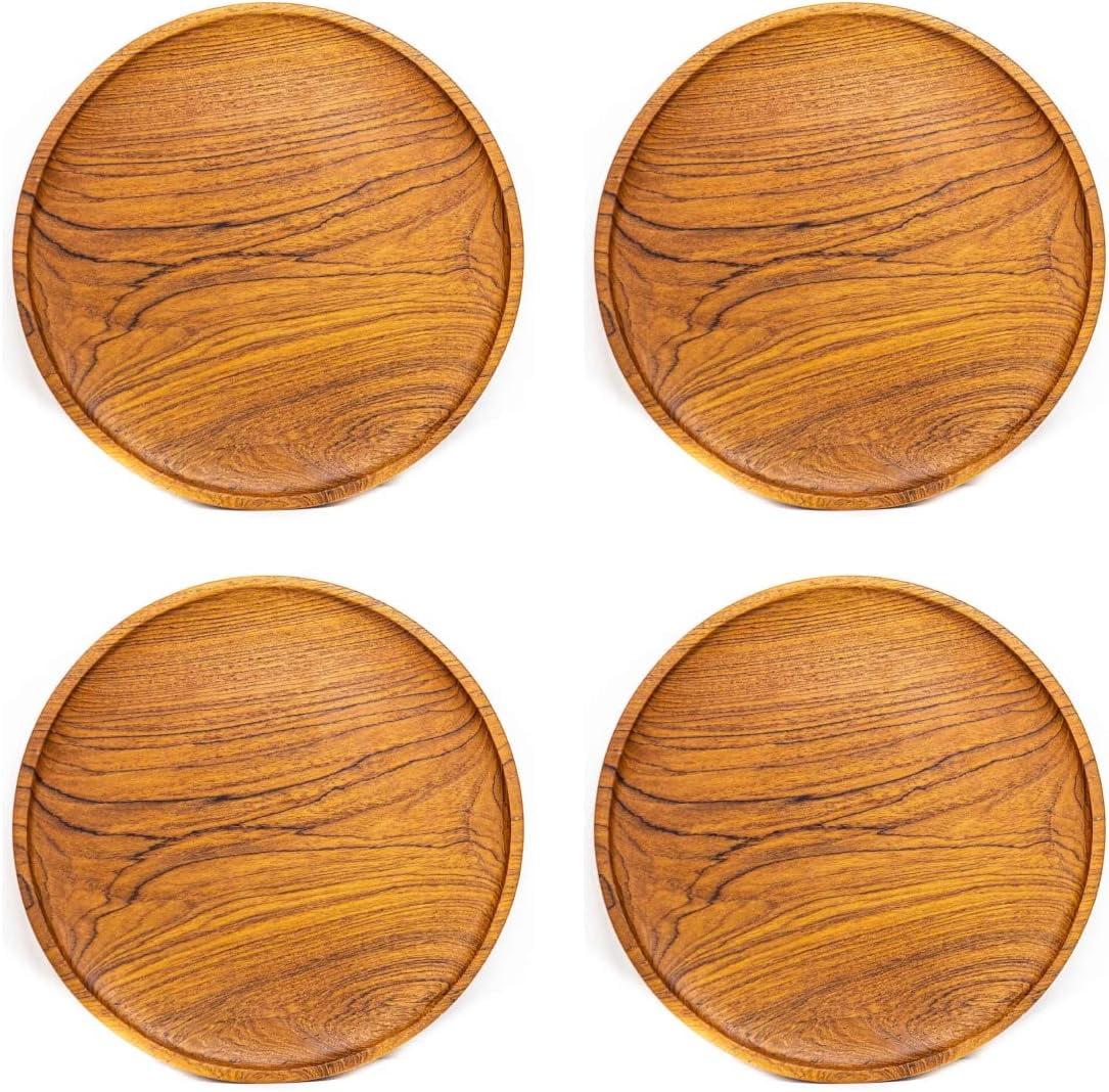 Set of 4 10" Round Javanese Teak Wood Dinner Plates- Perfect for ...