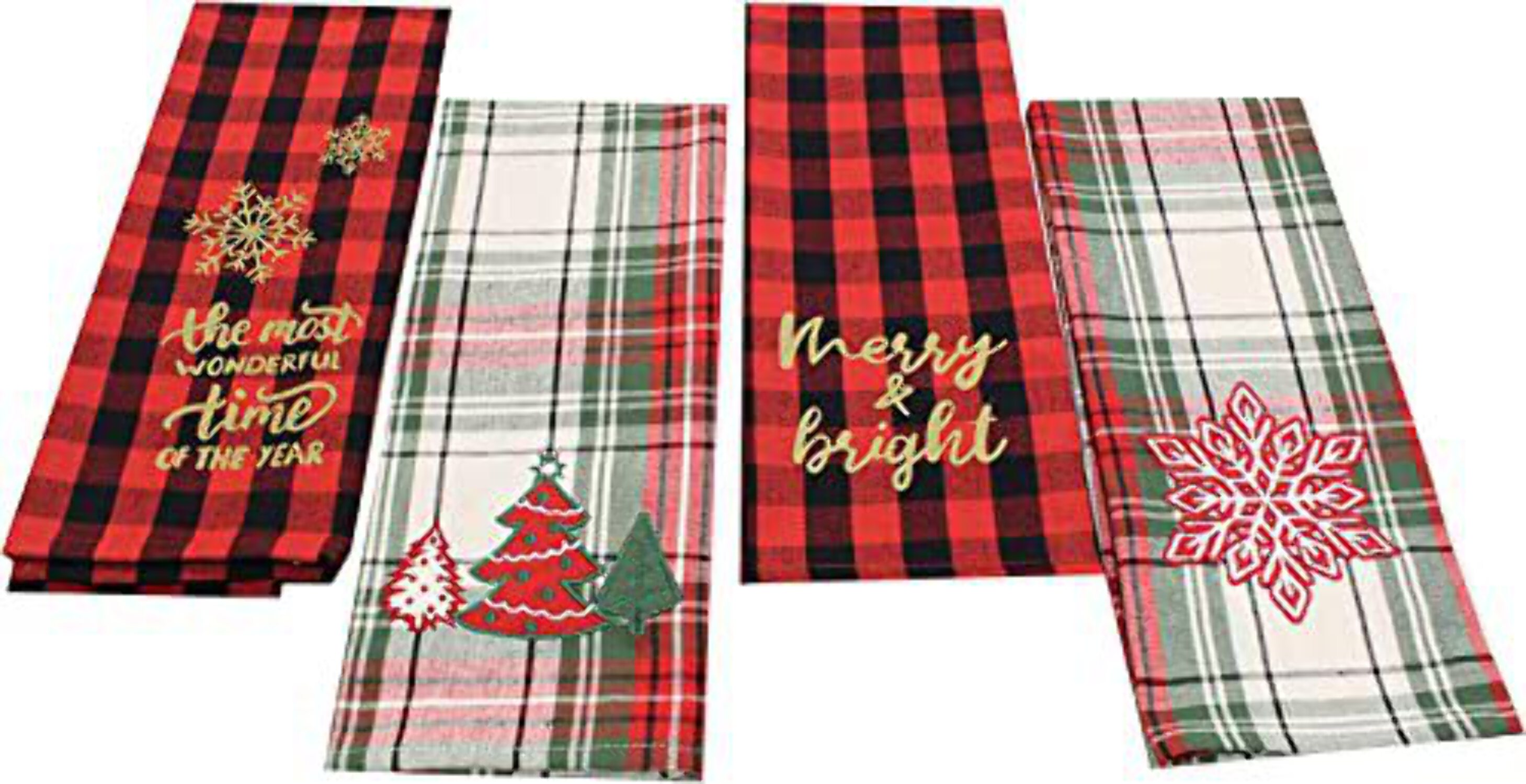 Set of 4, 100% Cotton Holiday Christmas Design Plaid Kitchen Towels ...