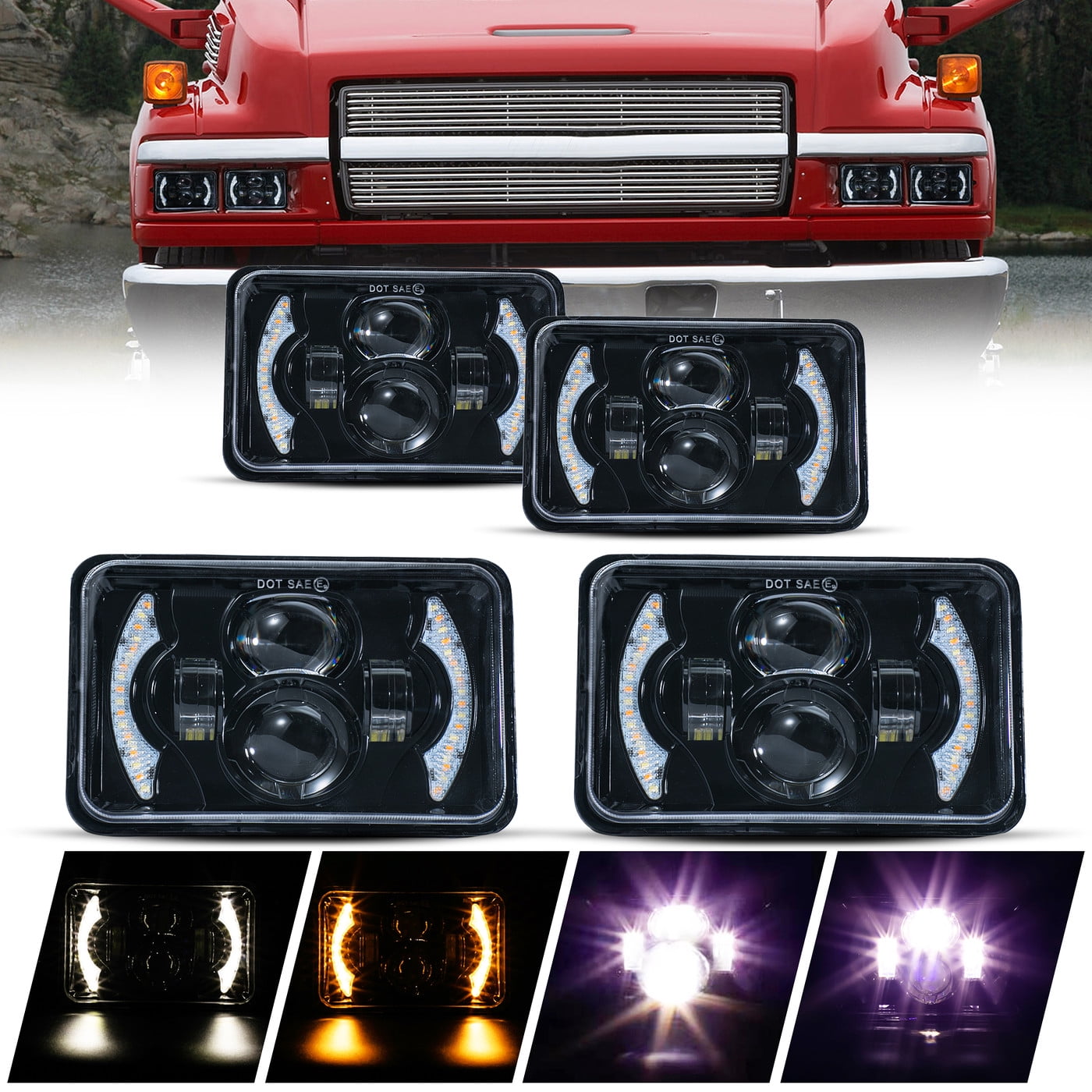 Set of 4 4x6 6x4 Square DOT/SAE H4651/H4652/H4656/H4666 LED Halo Angel ...