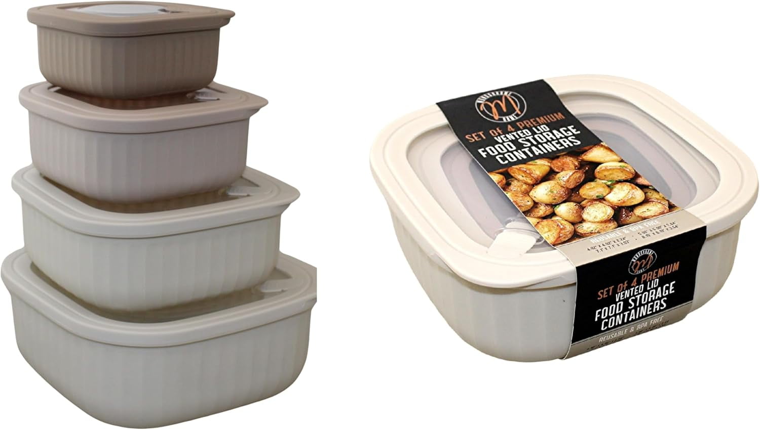 Set of 4 BPA-Free Square Food Storage Containers Vented Lids Assorted ...