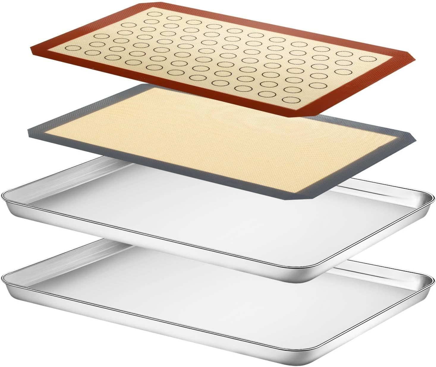 Set of 4 Baking Sheet with Silicone Mat Set (2 Stainless Steel Cookie ...