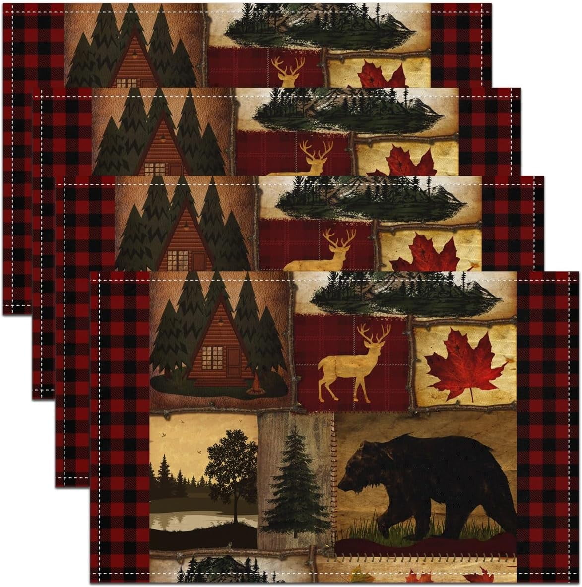 Set of 4 Bear Cabin Plaid Placemats 12x18, Rustic Farmhouse Place Mats ...