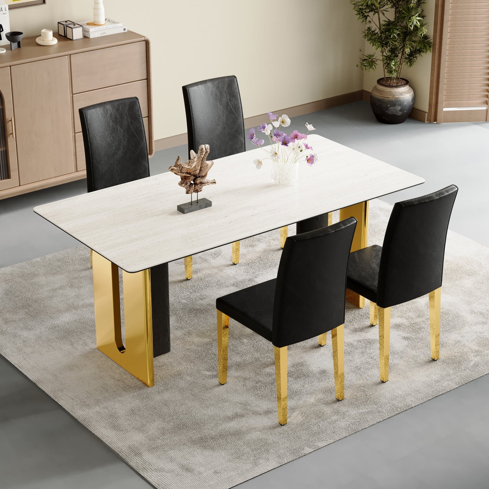 Set Of 4 Black Pu Leather Backrest Chairs With Gold Metal Legs -A ...