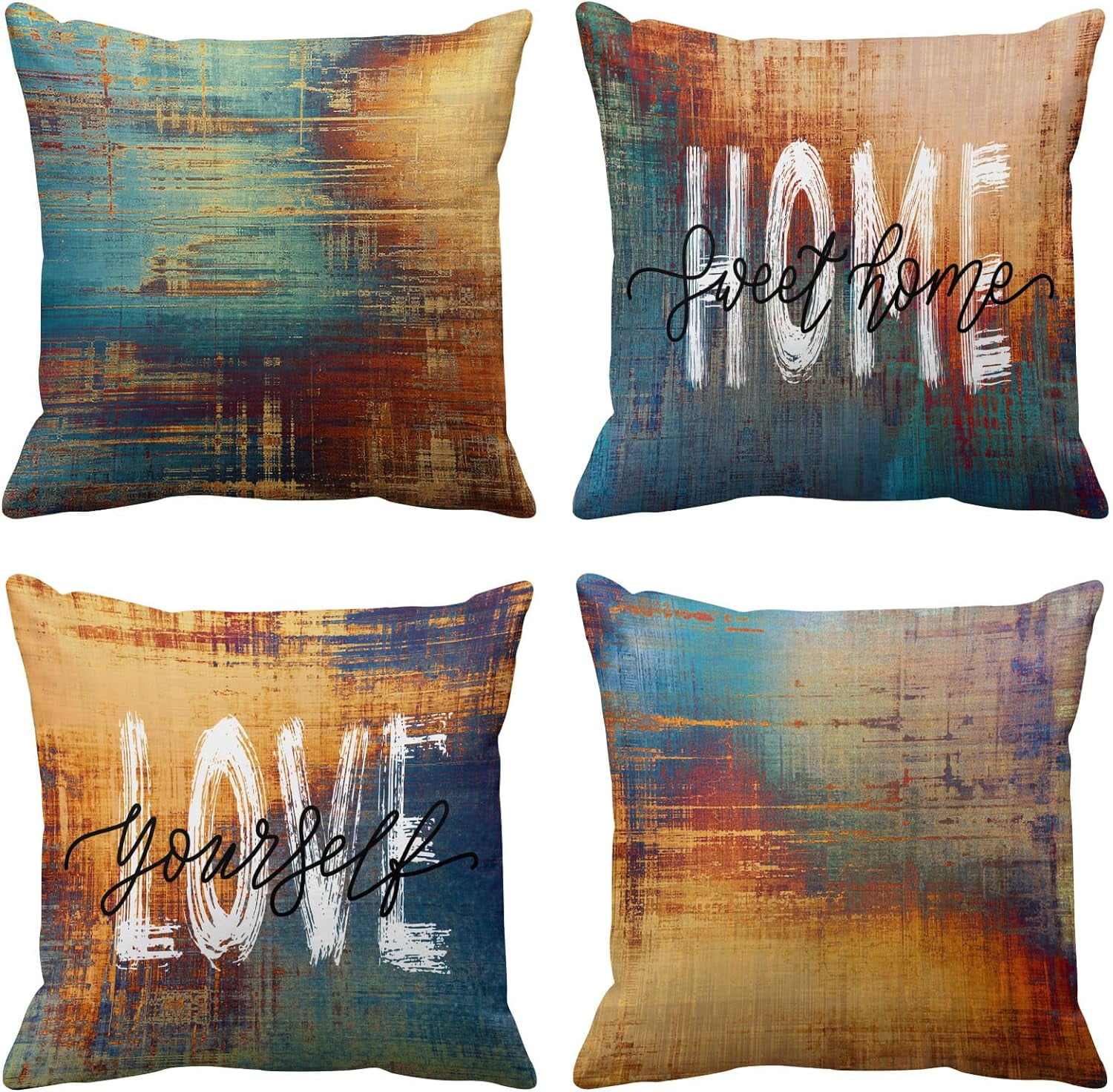 Set of 4 Blue and Orange Throw Pillow Covers Vintage Messy Rust Home ...