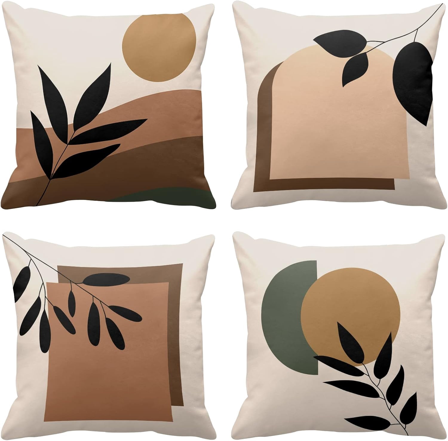 Set of 4 Boho Mid Century Beige Throw Pillow Covers 18x18 Inches Leaf ...