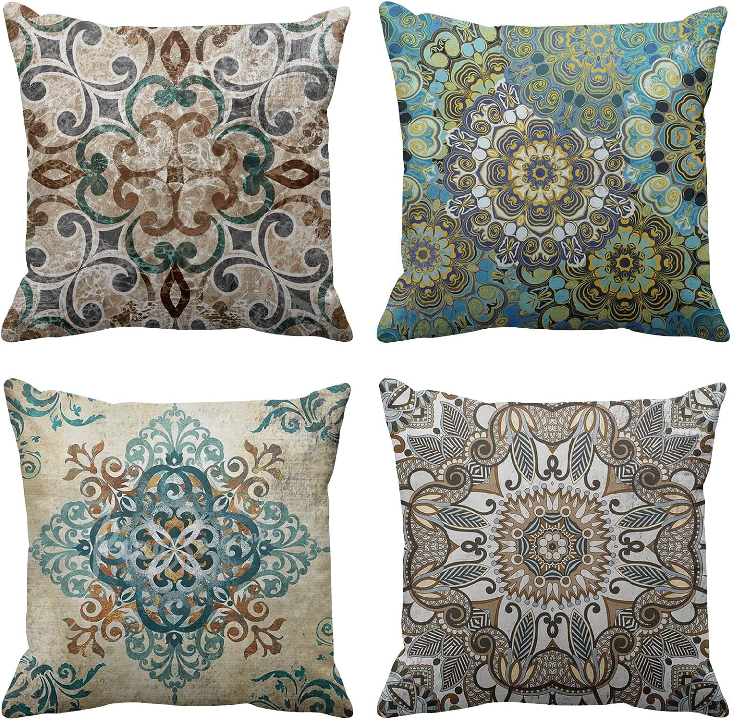 Set of 4 Boho Throw Pillow Covers Vintage Abstract Brown Green Teal and ...