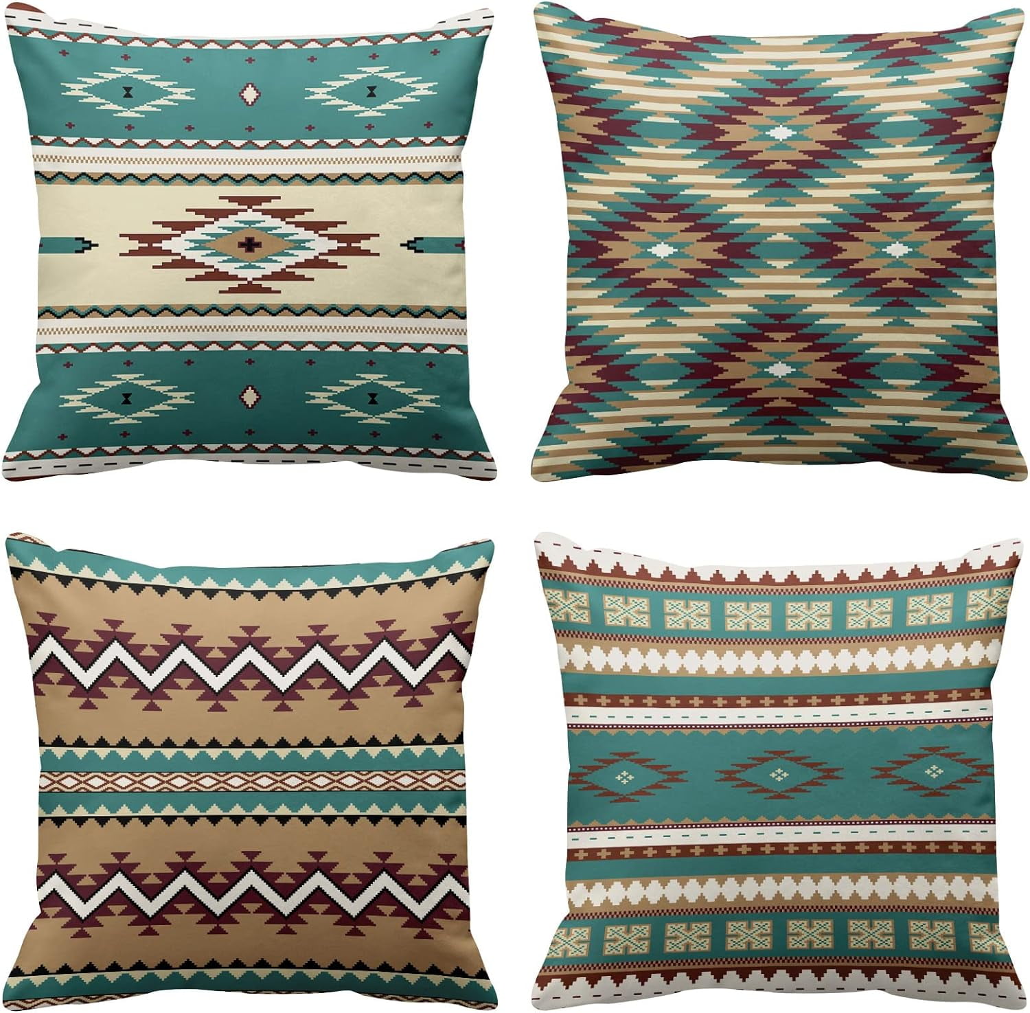 Set of 4 Brown Turquoise South Western Ethnic Throw Pillow Covers ...