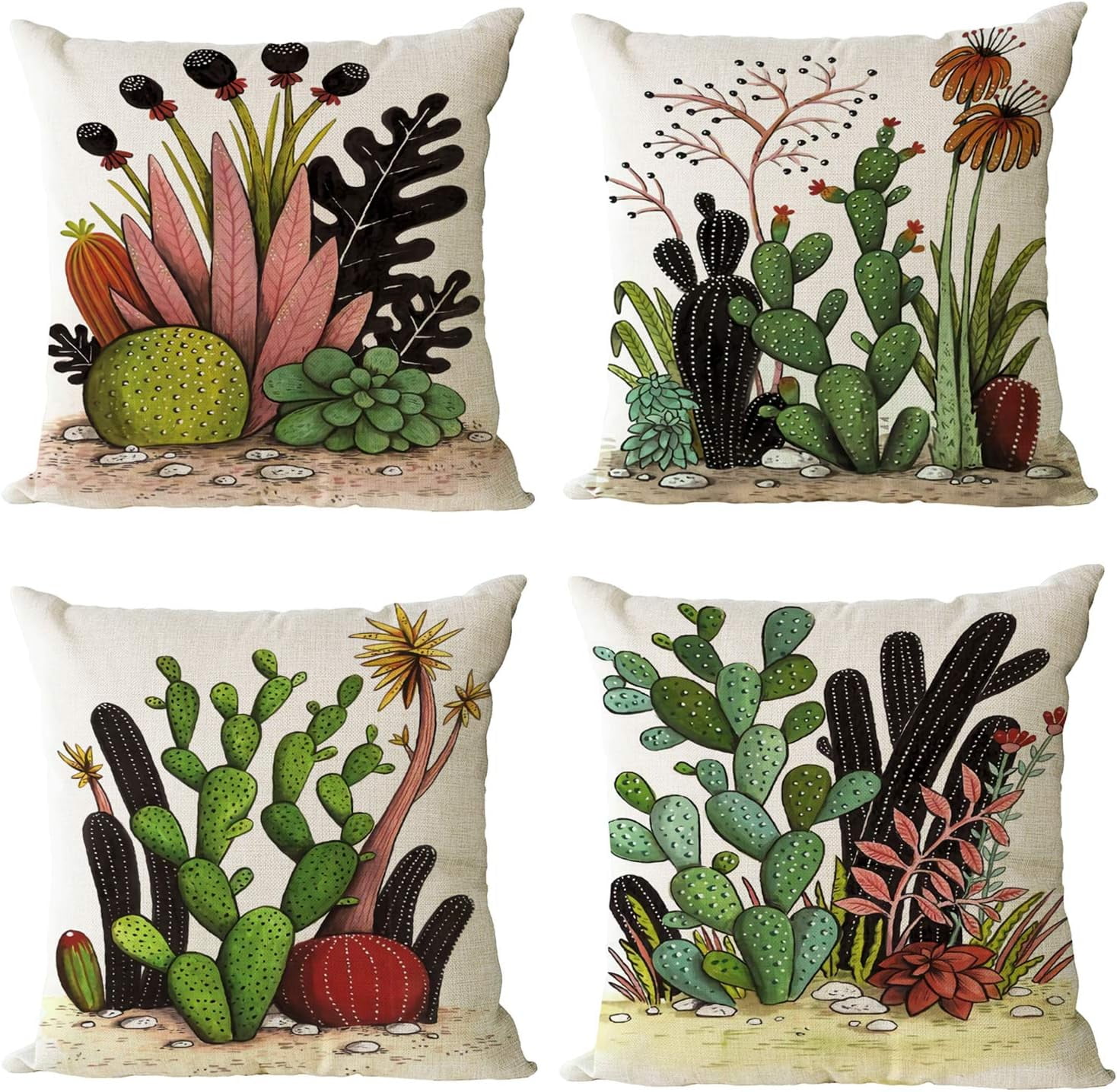 Set of 4 Cactus Decorative Throw Pillow Covers 12x12 Inch Tropical ...