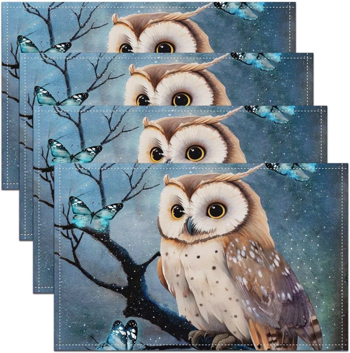 Set of 4 Cartoon Owl Place Mats for Adult Teens Blue Butterfly Table ...