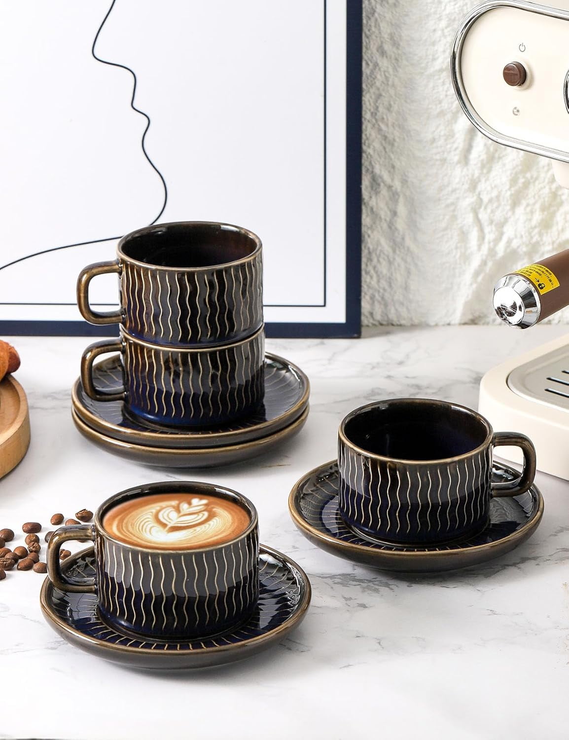 Set of 4 Ceramic Cappuccino Cups and Saucers, 6 Ounce Espresso Cup Set ...