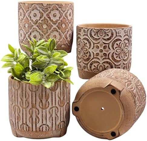 Set of 4 Ceramic Succulent Pots Indoor with Drainage, Elegant Design ...