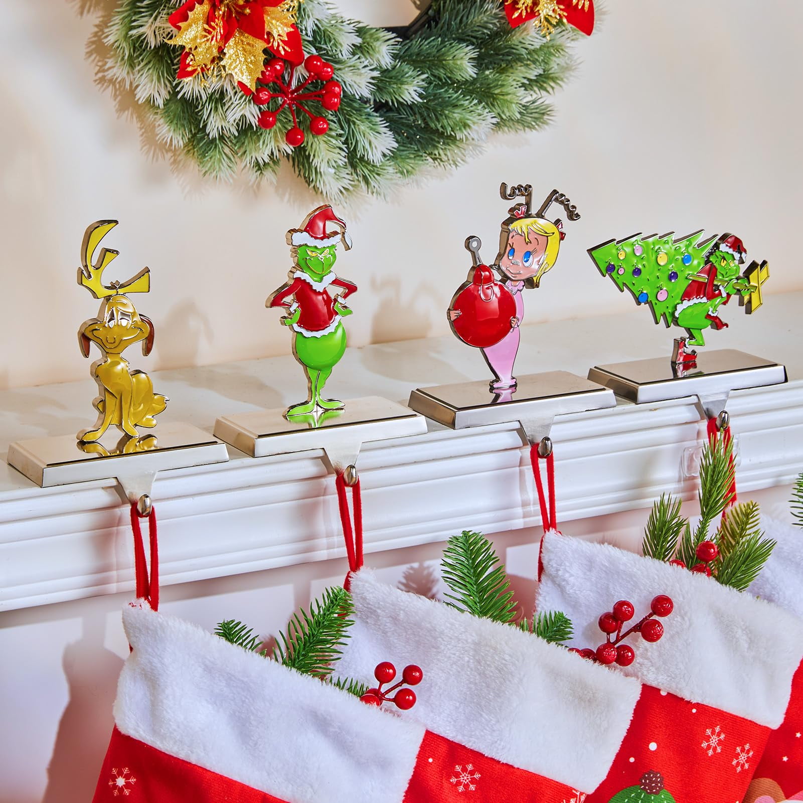 Set of 4 Christmas Stocking Holders for Mantle, 2D Metal Christmas Tree ...