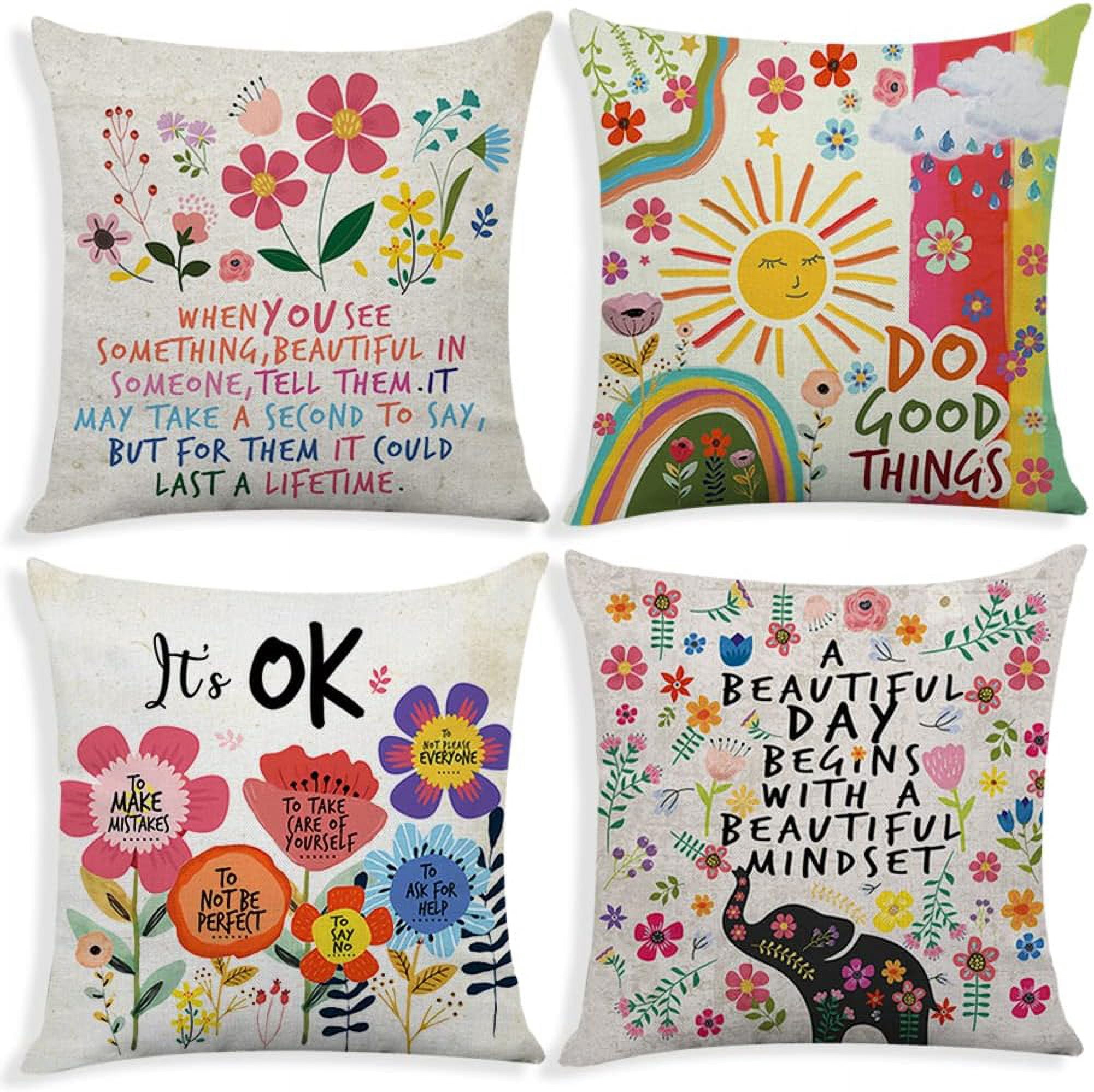 Set of 4 Colorful Flowers It''s OK Inspirational Quotes Throw Pillow ...