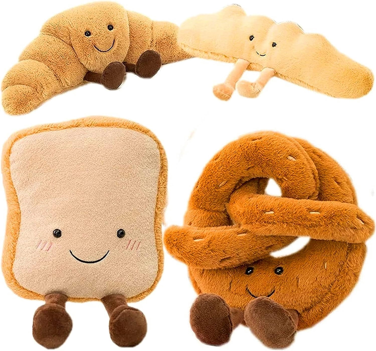 4CB Set of 4 Cute Bread Plushies, Croissant, Baguette, Toast, Pretzel ...