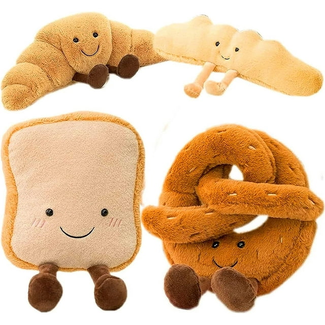 Set 4 Cute Bread Plush Croissant Baguette Toast Pretzel Stuffed Animal ...