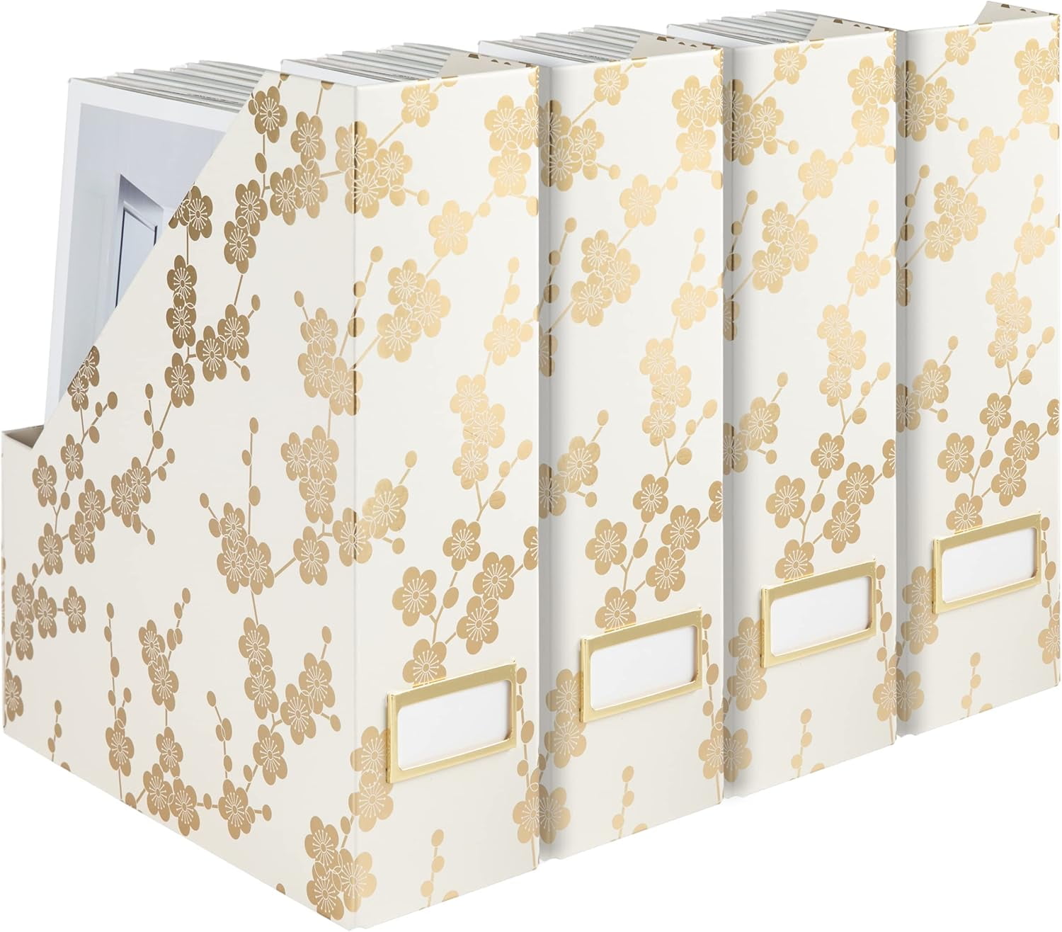 Set of 4 Decorative Foldable Magazine Storage Boxes for Desk with Gold ...