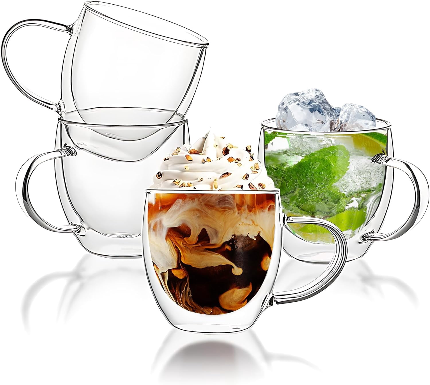 Set of 4 Double Walled Glass Coffee Mugs 6 Ounces Insulated Layer Cups ...