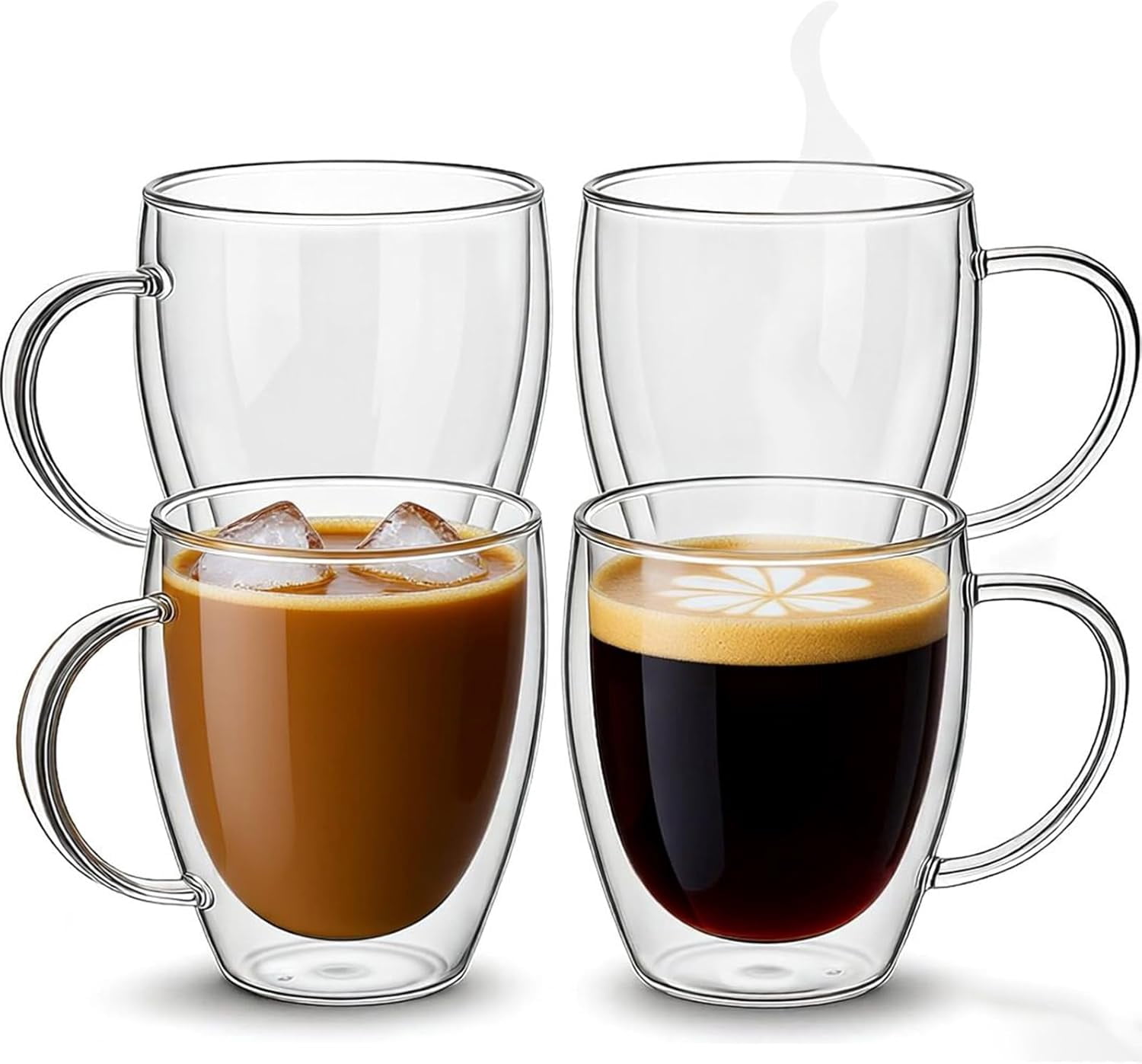 Set of 4 Double Walled Glass Coffee Mugs with Handles, 12oz Clear ...