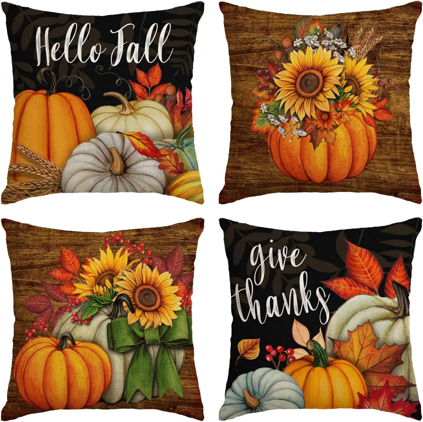 Set of 4 Fall Pillow Covers 12x12 Inch Thanksgiving Pumpkins Throw ...