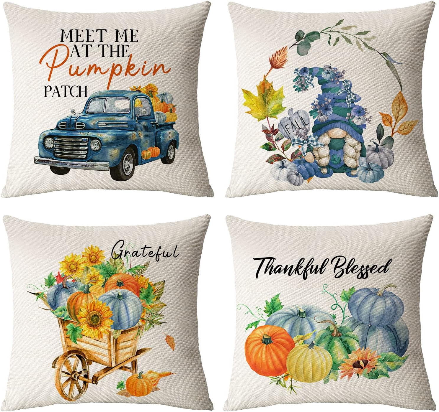 Set of 4 Fall Pillow Covers 16x16 Inch Thanksgiving Pumpkins Decor ...