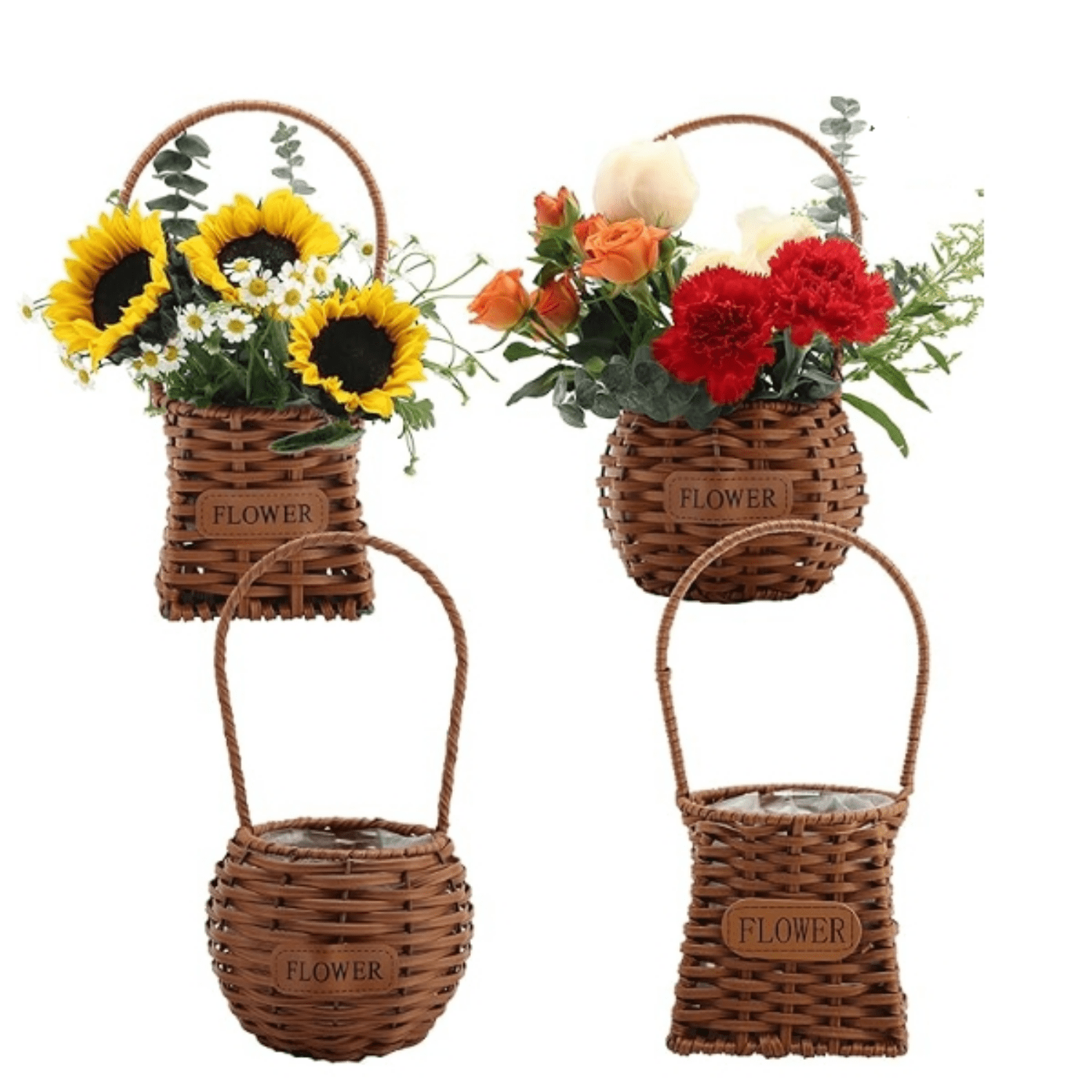 Set of 4 Flower Basket with Handle, Imitation Rattan Woven Picnic Basket with Plastic Waterproof ...