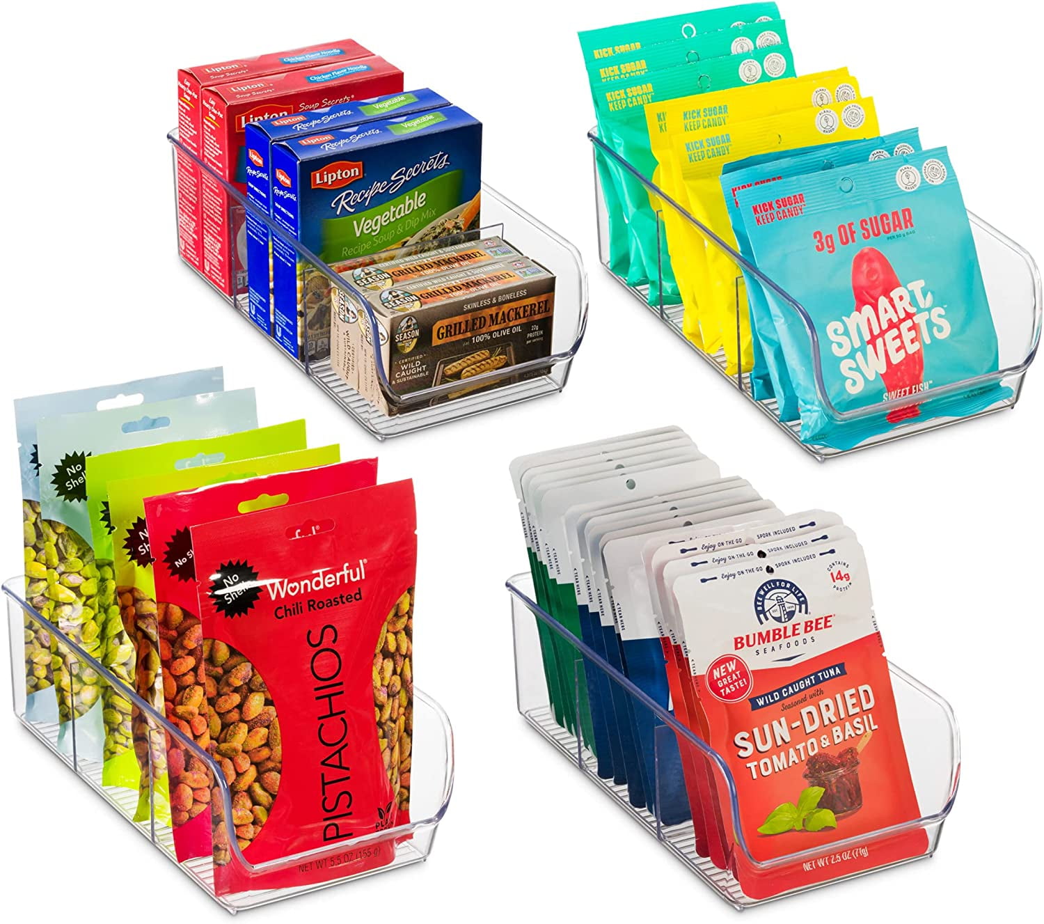 Set Of 4 Food Storage Organizer Bins - Divided 3 Compartment Kitchen ...