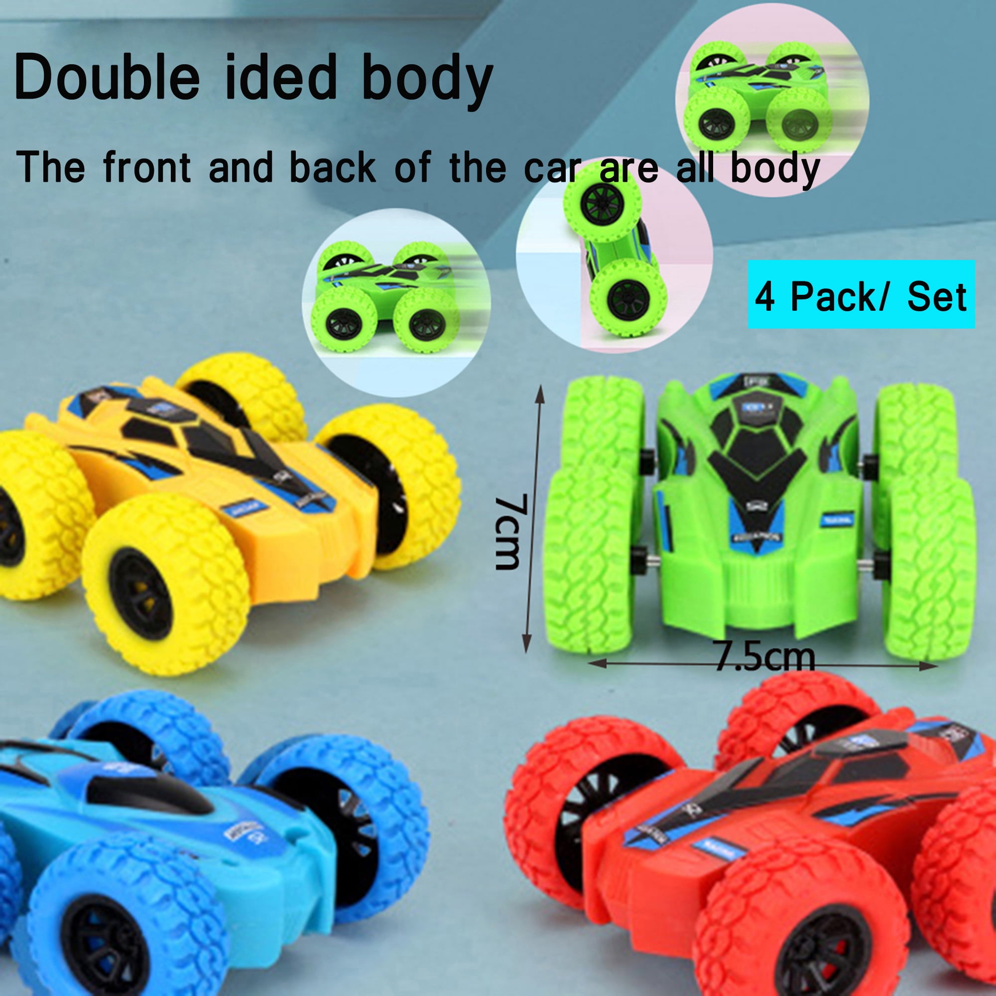 Set of 4 Friction Powered Car Toys, Double-sided Stunt Flip Inertia Car ...