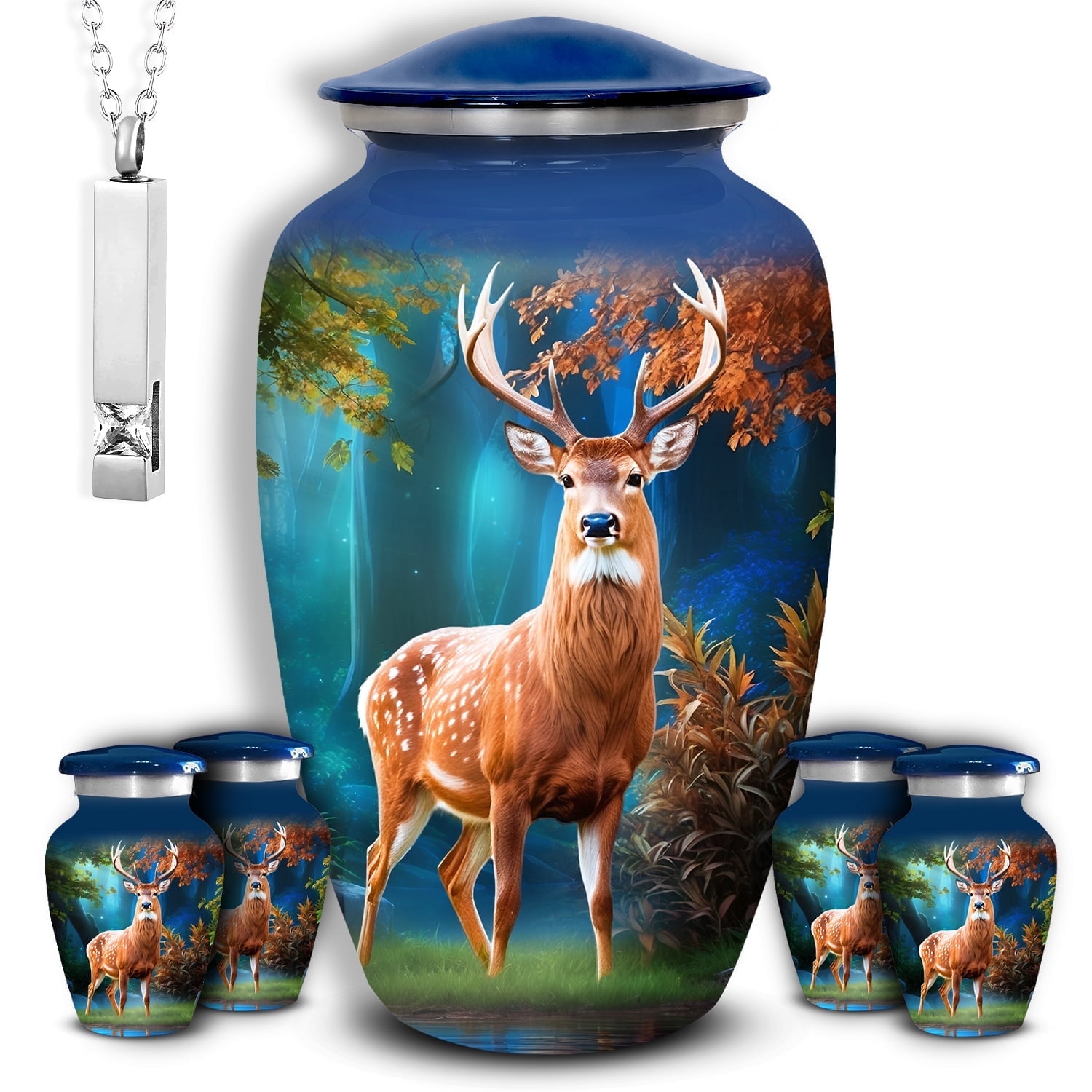 Set of 6 Deer Cremation Urns – 1 Large Adult, 4 Keepsakes & 1 Necklace ...