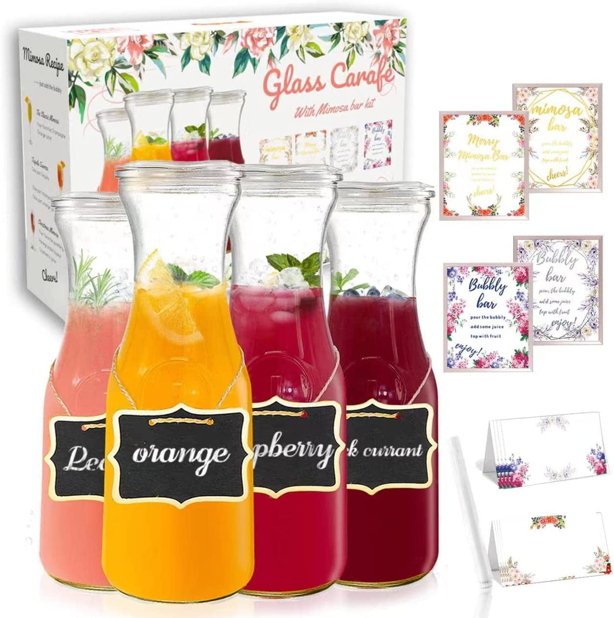 Set Of 4 Glass Carafes & Pitchers For Mimosa Bar Supplies, 1 Liter ...