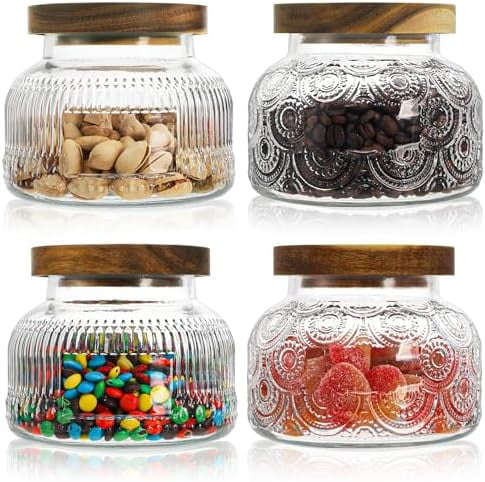 Set of 4 Glass Jar with Airtight Wooden Lid, 25 Oz / 750ml Wide Mouth ...