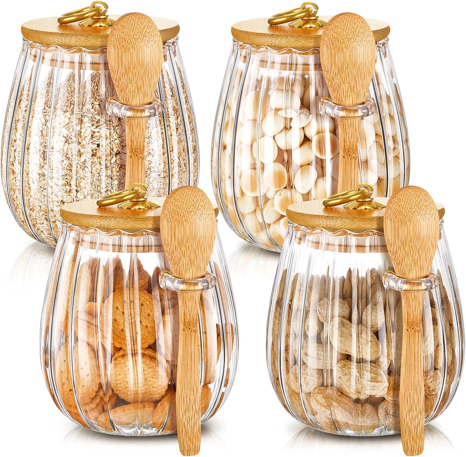 Set of 4 Glass Stripe Jar Glass with Bamboo Spoons Lids Coffee Sugar ...