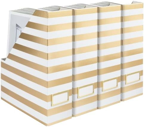 Set of 4 Gold & White Striped Magazine File Boxes | Foldable Cardboard ...