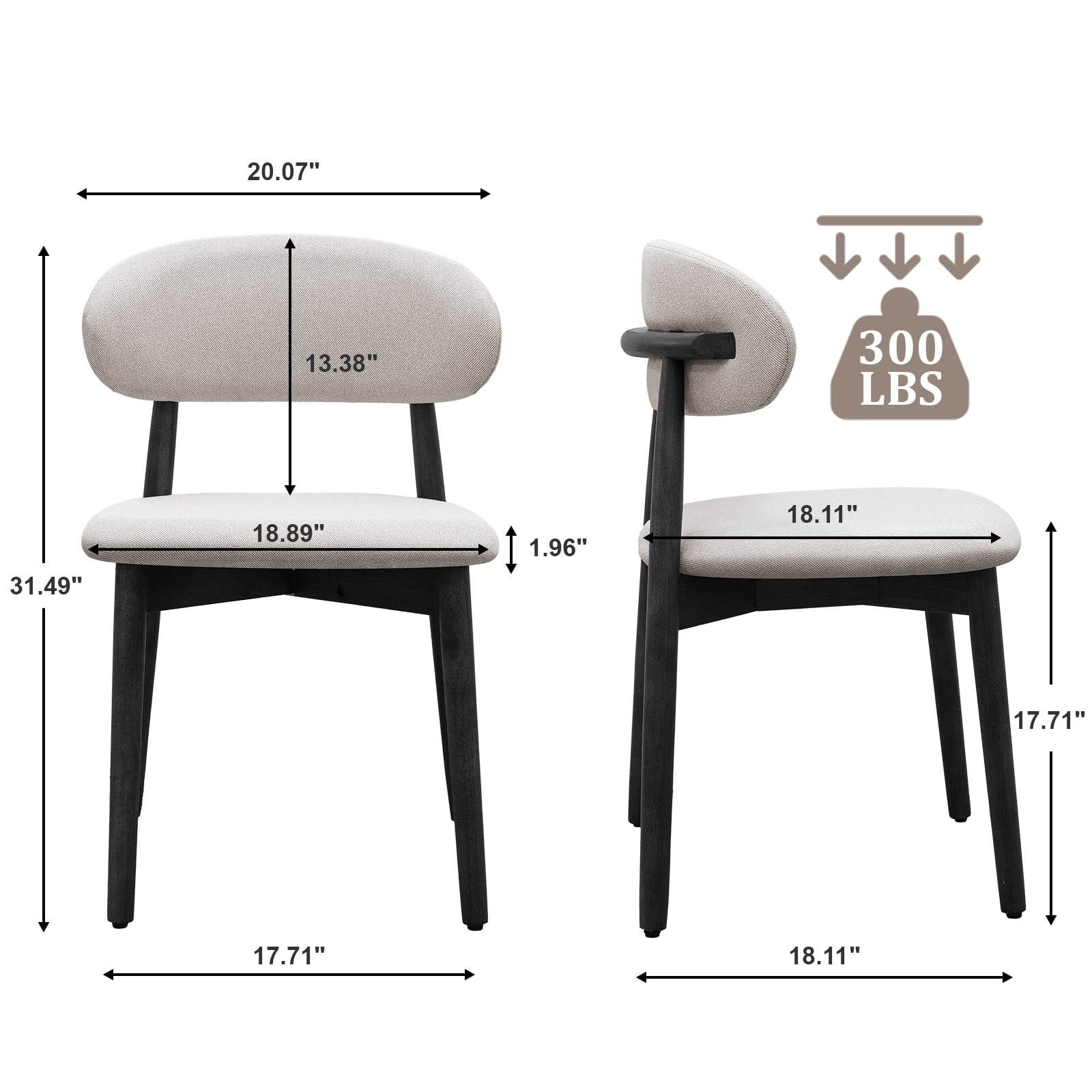 Set of 4 Grey Flax Cotton-Linen Upholstered Dining Chairs, Armless Mid ...