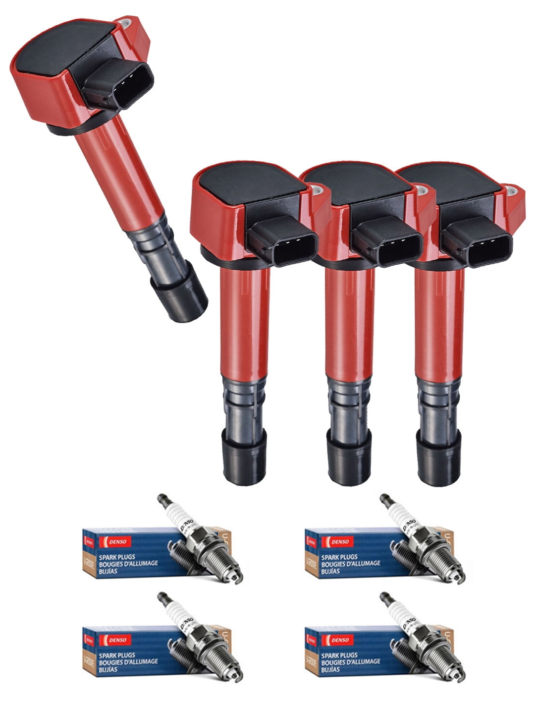 Set of 4 ISA Red Color Ignition Coils and 4 Denso Spark Plugs ...