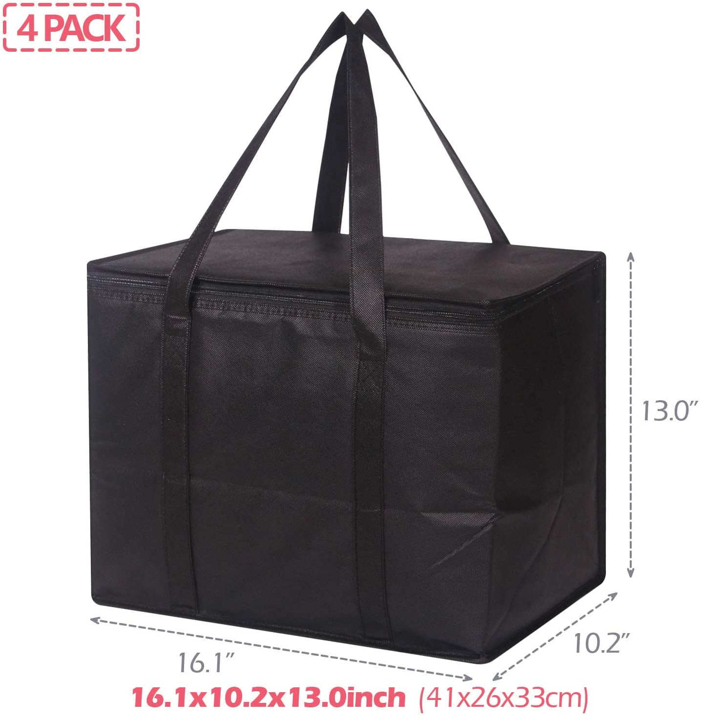 Set of 4 Large Insulated Reusable Grocery Bags with Sturdy Zipper and ...