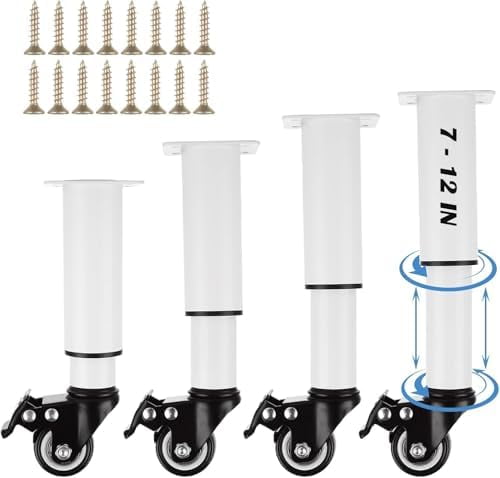 Set of 4 Metal Adjustable Furniture Legs with Wheels 7-12 Inch White ...