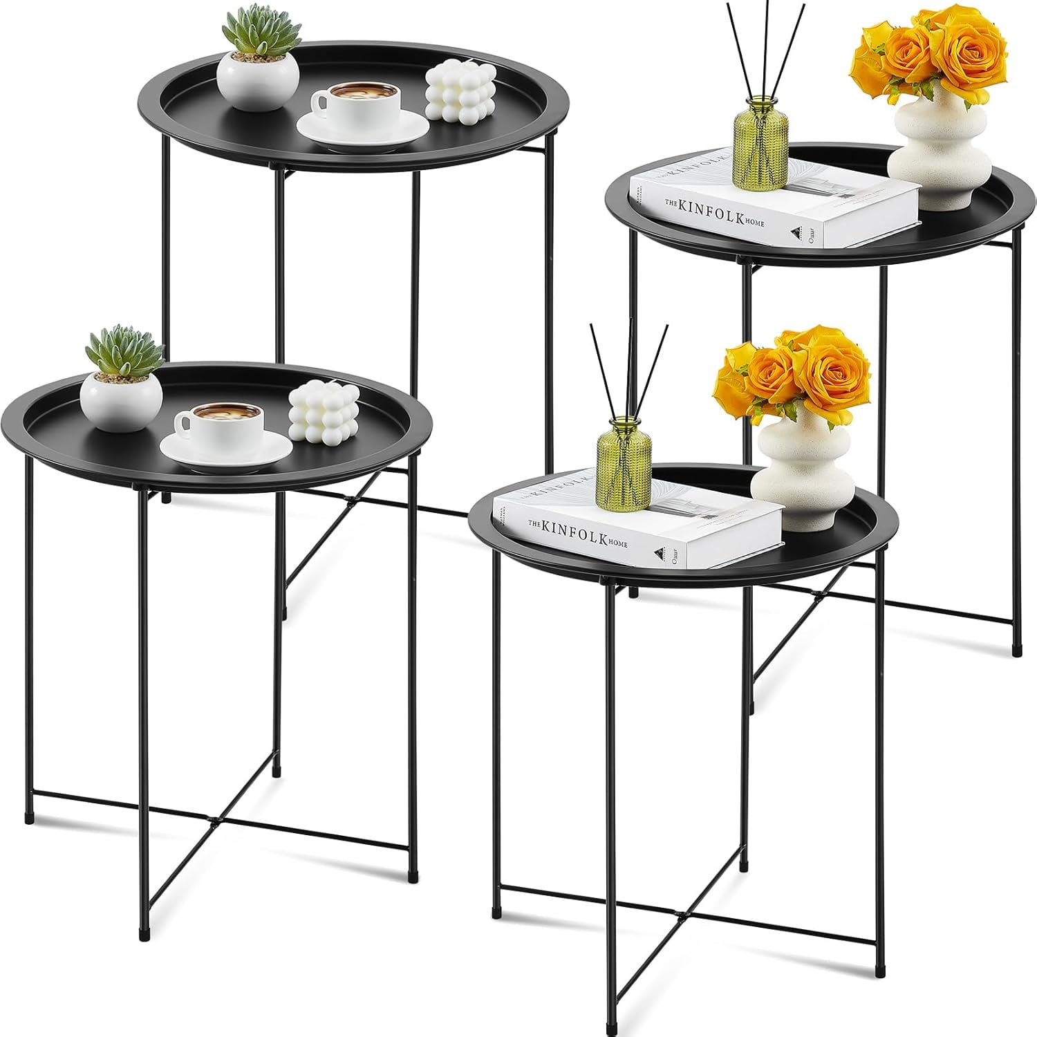 Set of 4 Metal Side Table Folding Tray Round Foldable End Table Outdoor ...
