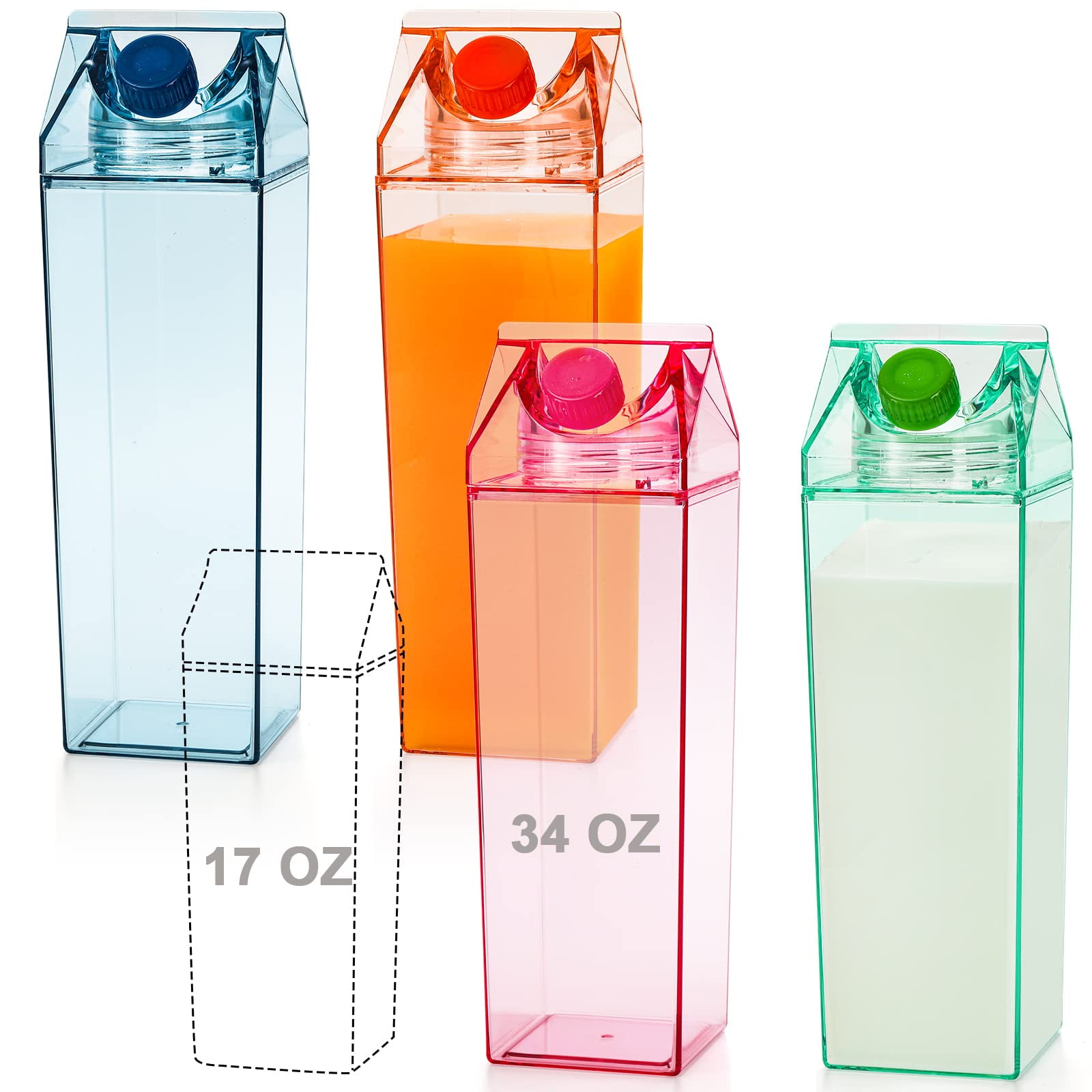 Set of 4 Milk Carton Water Bottle, 34 Oz/1000ml Colorful Clear Plastic Milk Bottles Leakproof ...