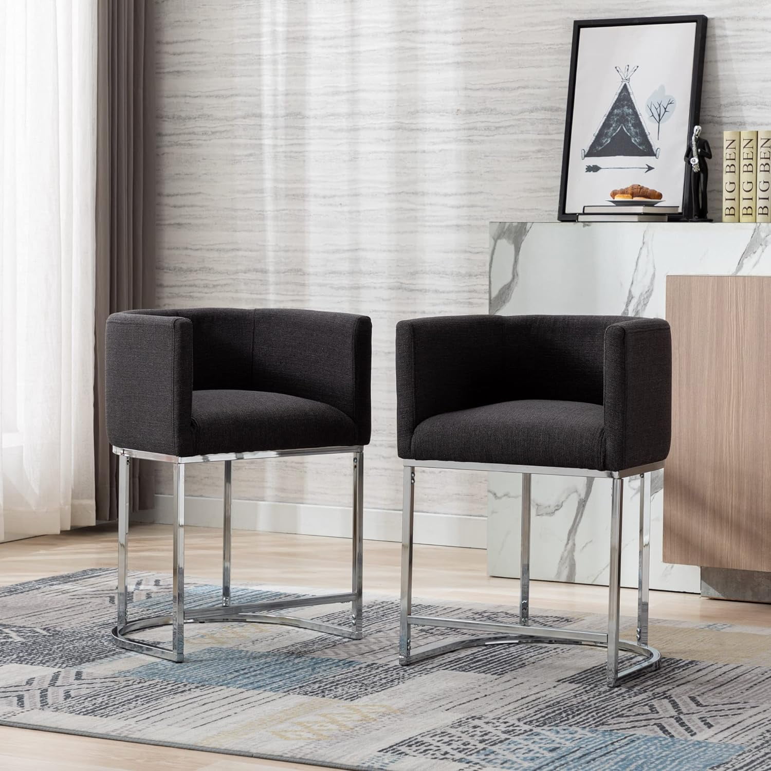 Set of 4 Modern Counter Height Linen Upholstered Bar Stools with Chrome ...