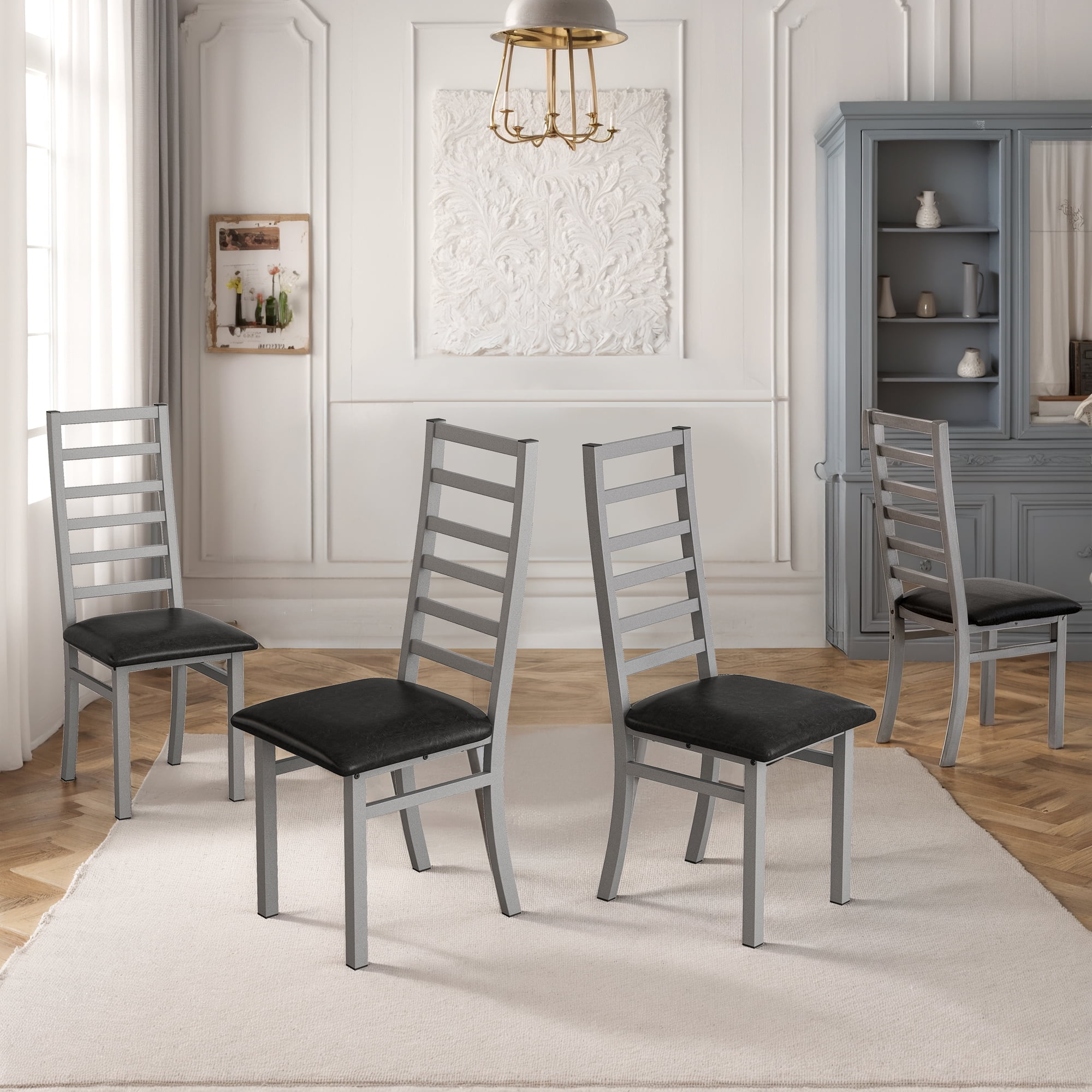 Set of 4 Modern Dining Chairs - Black PU Leather Seats with Steel Legs ...