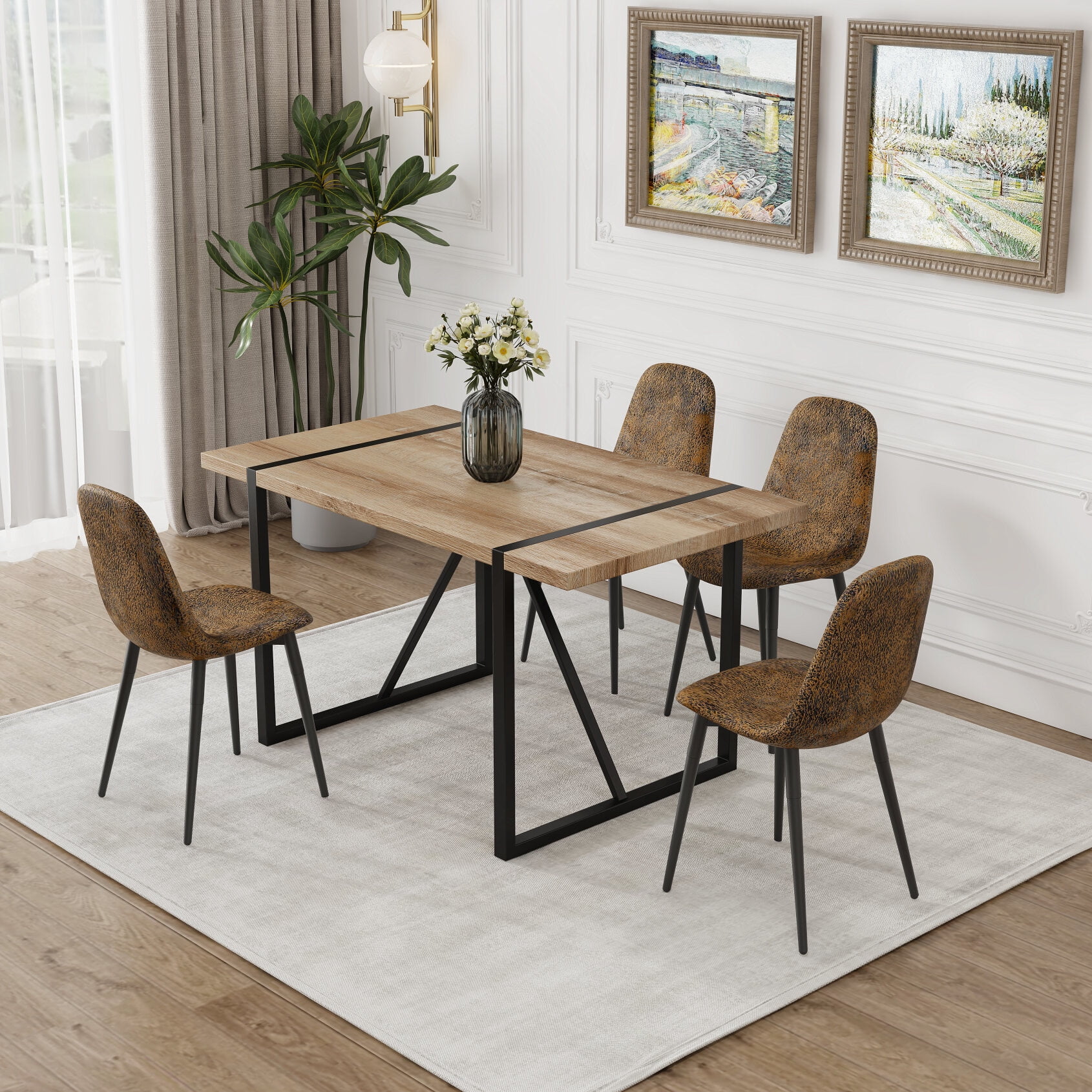 Set of 4 Modern Wood Colour Suede Dining Table, Mid Century Wooden ...