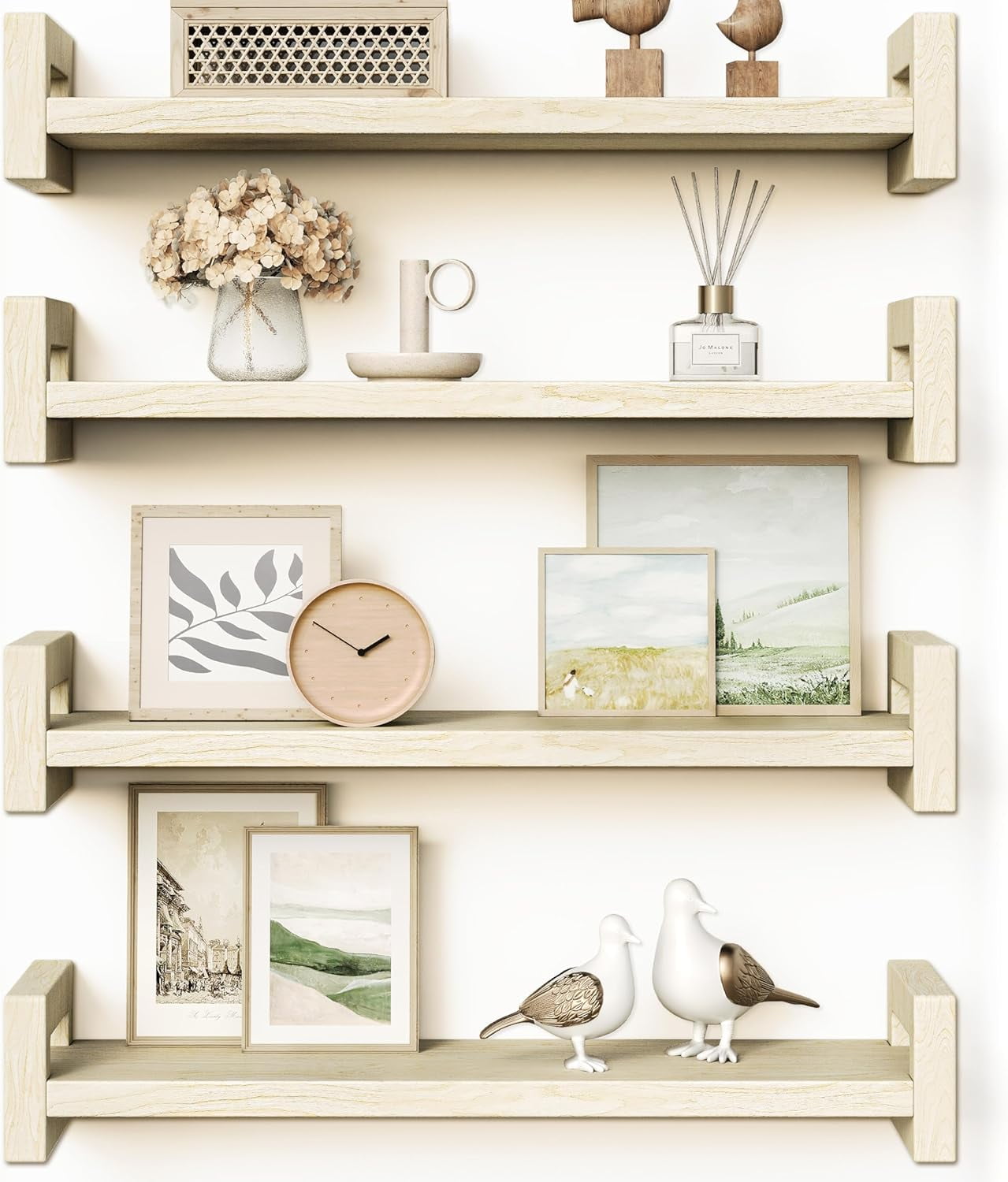 Set of 4 Natural Poplar Floating Shelves with Natural Grain - Wall ...