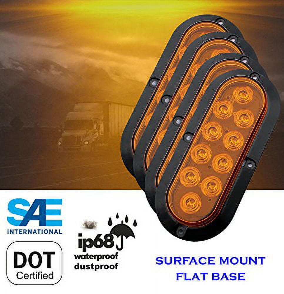 Set of 4 Pcs Amber Yellow 6" Oval LED Light Waterproof Surface Mount ...