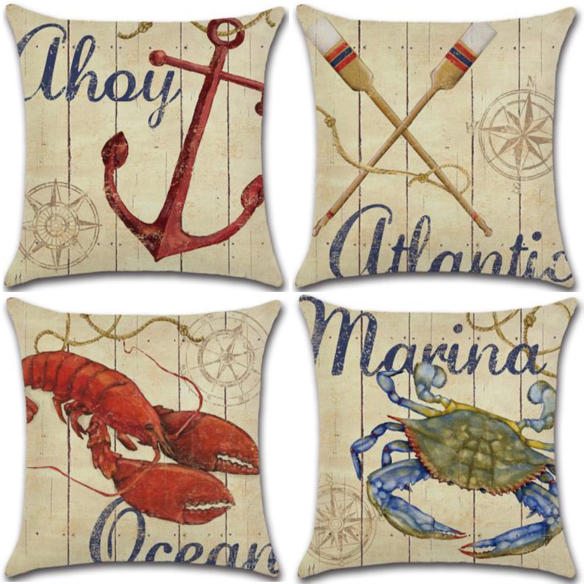 Set of 4 Pillow Covers 18x18, Lobster/Crab & Anchor/Oars Marine Pattern ...