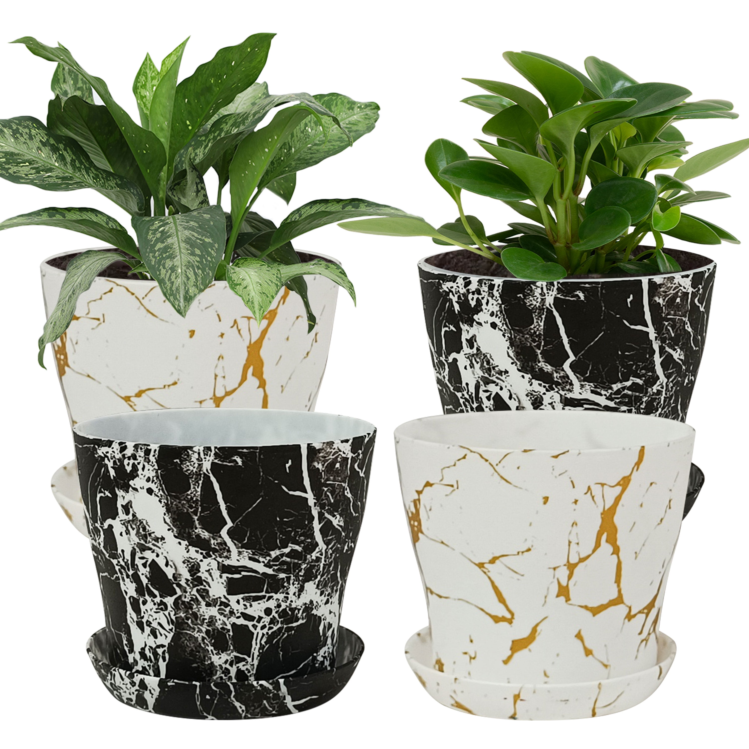 Set of 4 Plastic Printed Planters with Drainage Holes and Saucers,Diam ...
