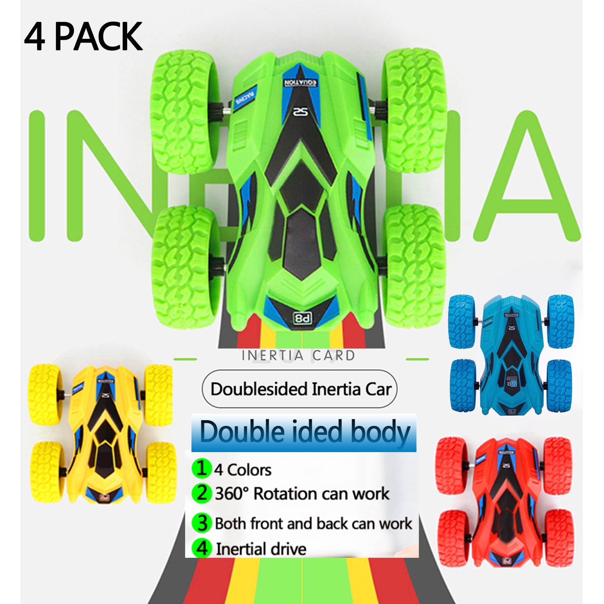 Set of 4 Pull Back Inertia Off-Road Car Toys Friction Powered-Double ...