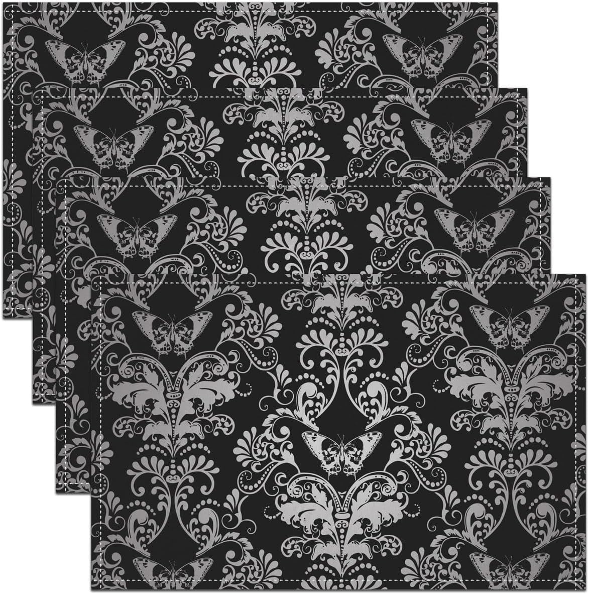 Set of 4 Purple Black Ombre Floral Place Mats 12x18 Inch Baroque Damask ...