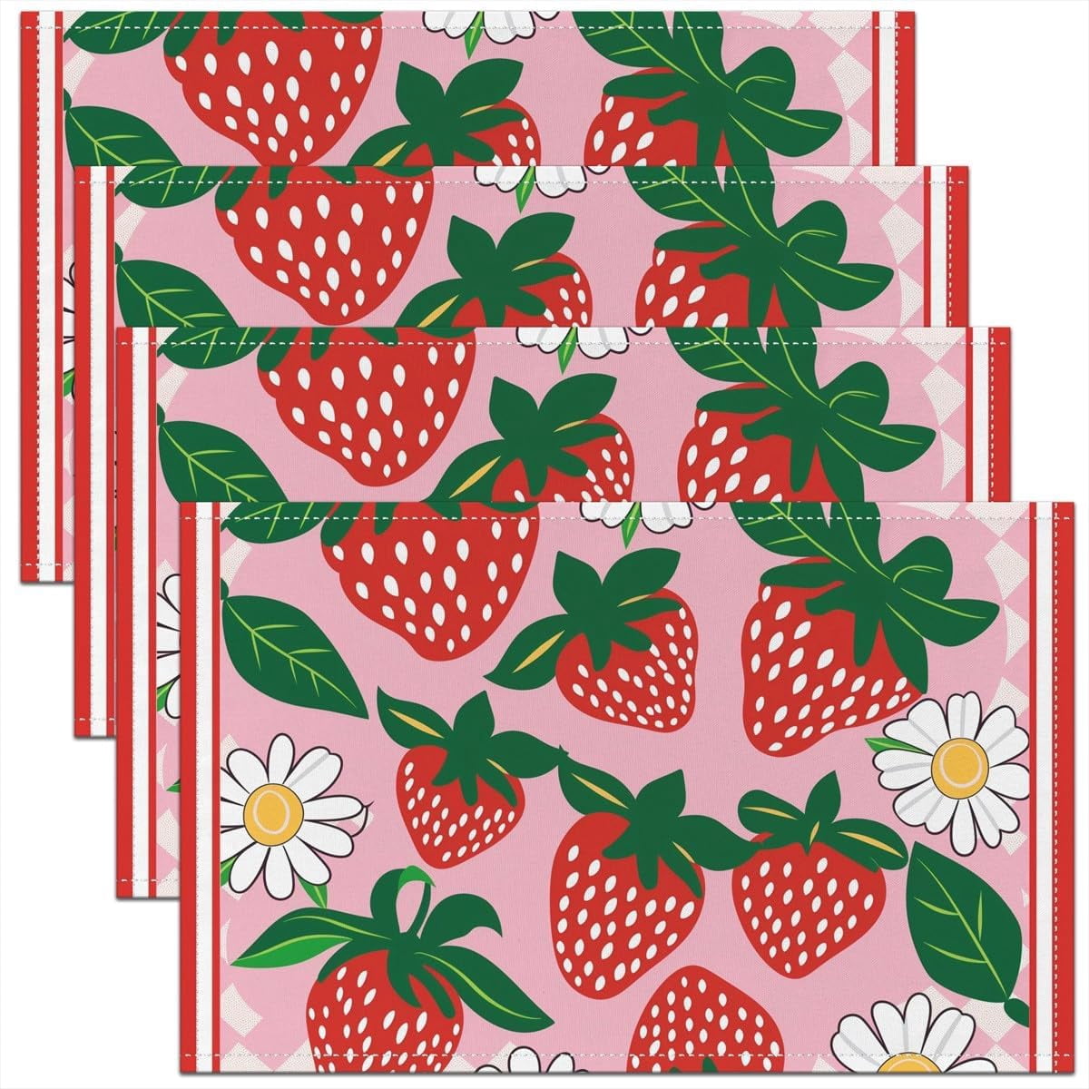 Set of 4 Red Strawberry Table Mats 12x18 White Daisy Flowers Place Mats ...