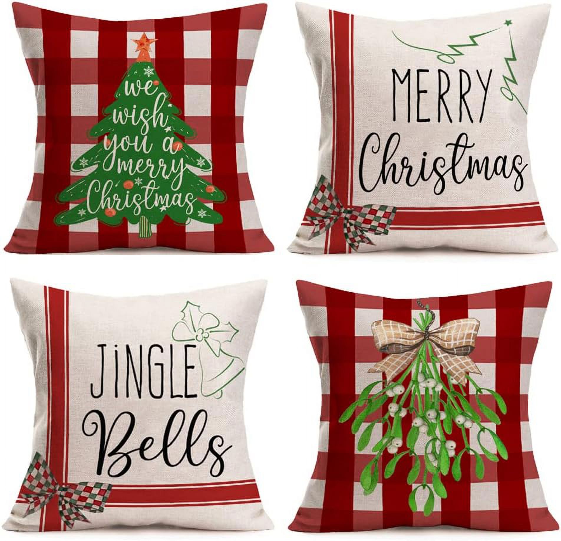 Set of 4 Red White Buffalo Check Plaids Pillow Covers Merry Christmas ...