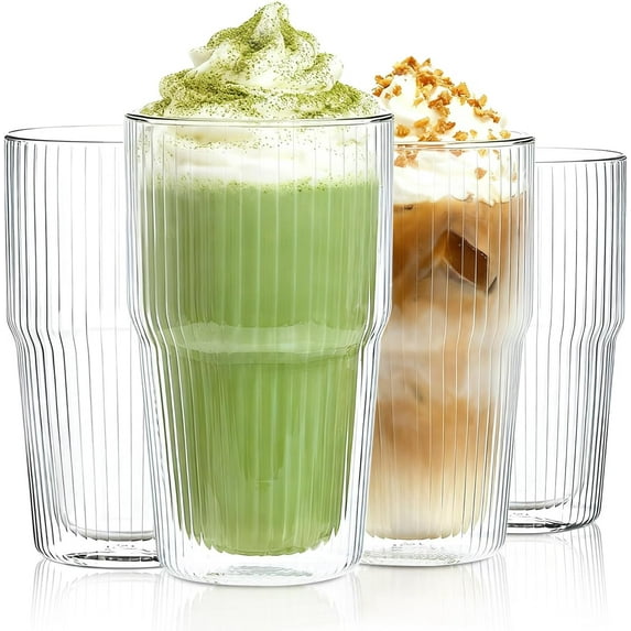 Set of 4 Ribbed Double-Walled Glass Cups, 16 oz / 480 ml Insulated ...